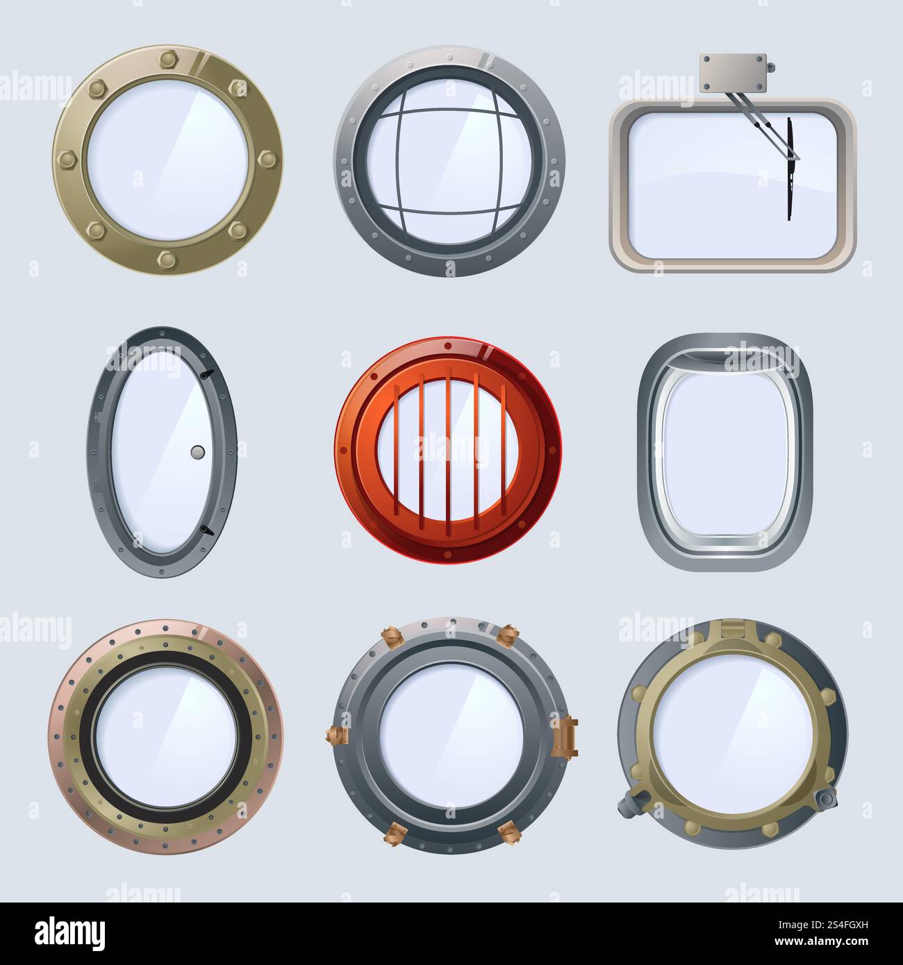 Different round ship and plane portholes. Vector illustration isolate ...