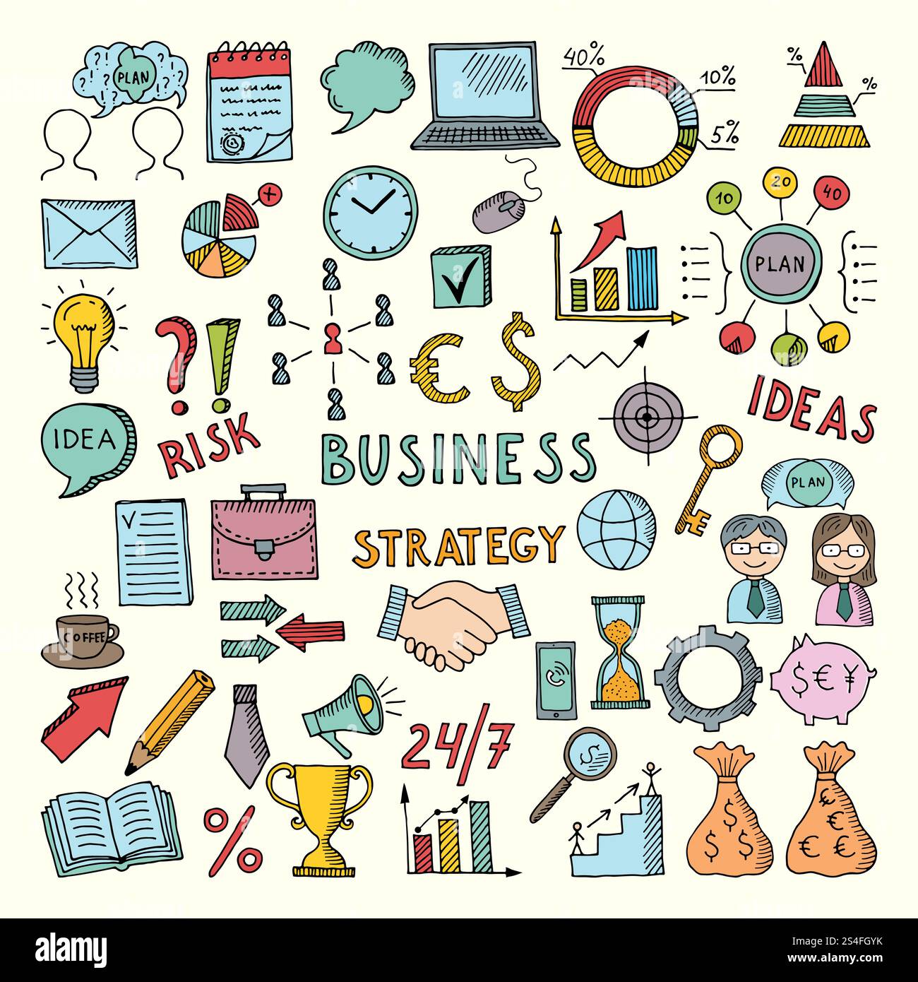 Coloring business illustrations in hand drawn style. Vector doodles set. Plan business structure ...