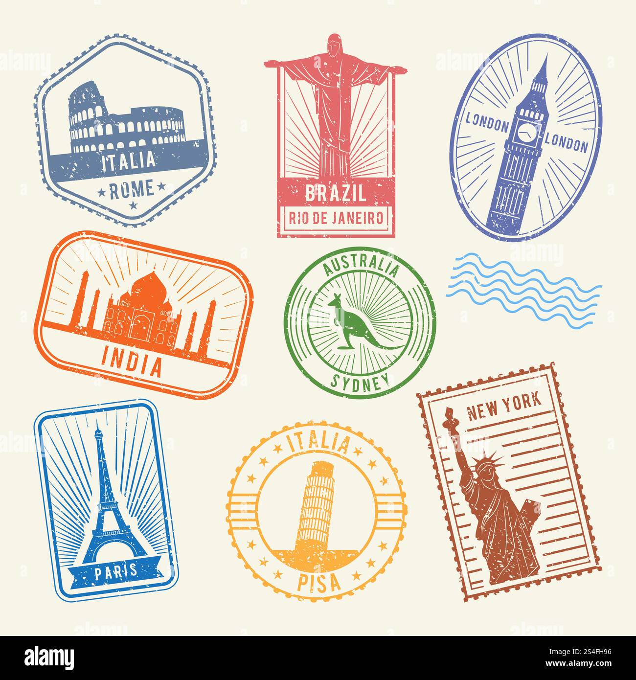 Postal stamps with famous world architecture symbols. Vector travel ...