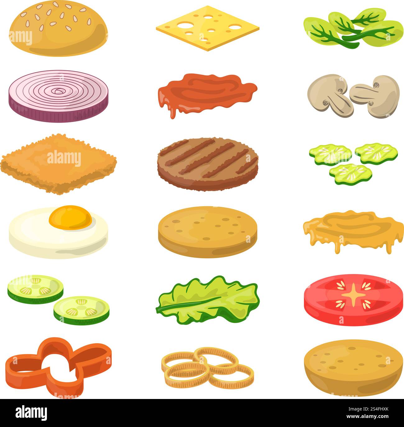 Vector illustration of different burgers ingredients in cartoon style ...