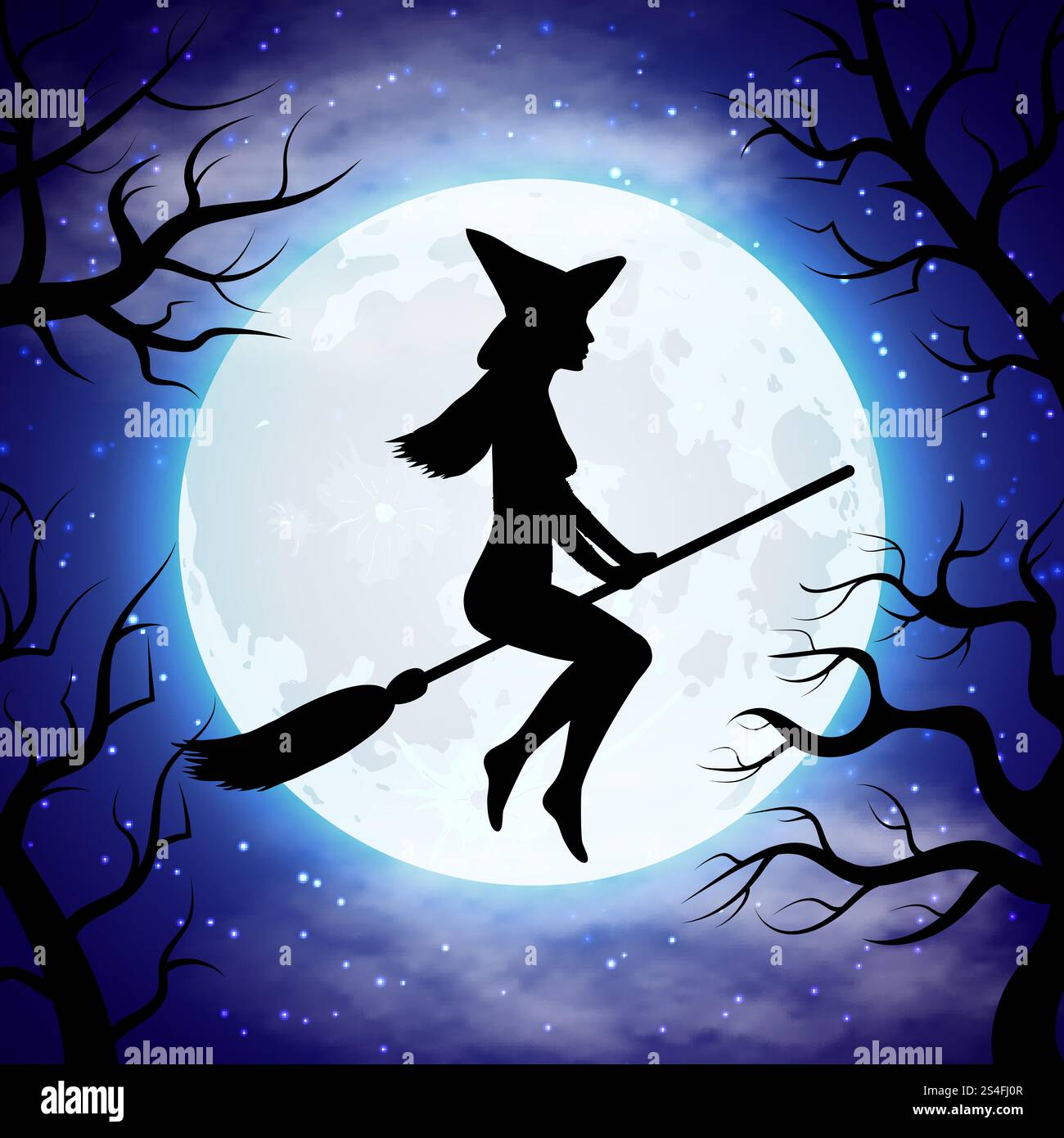 Silhouette of witch flying on the broom in Halloween night. Halloween ...