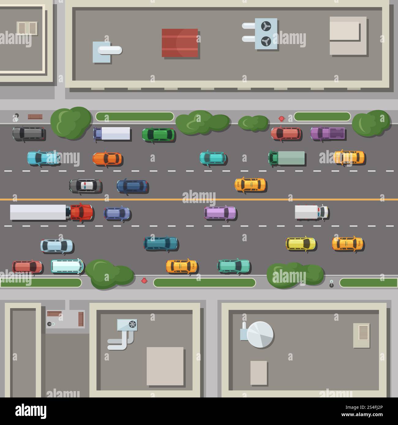 Fragment of city map with roofs, roads and cars on it. Top view vector ...