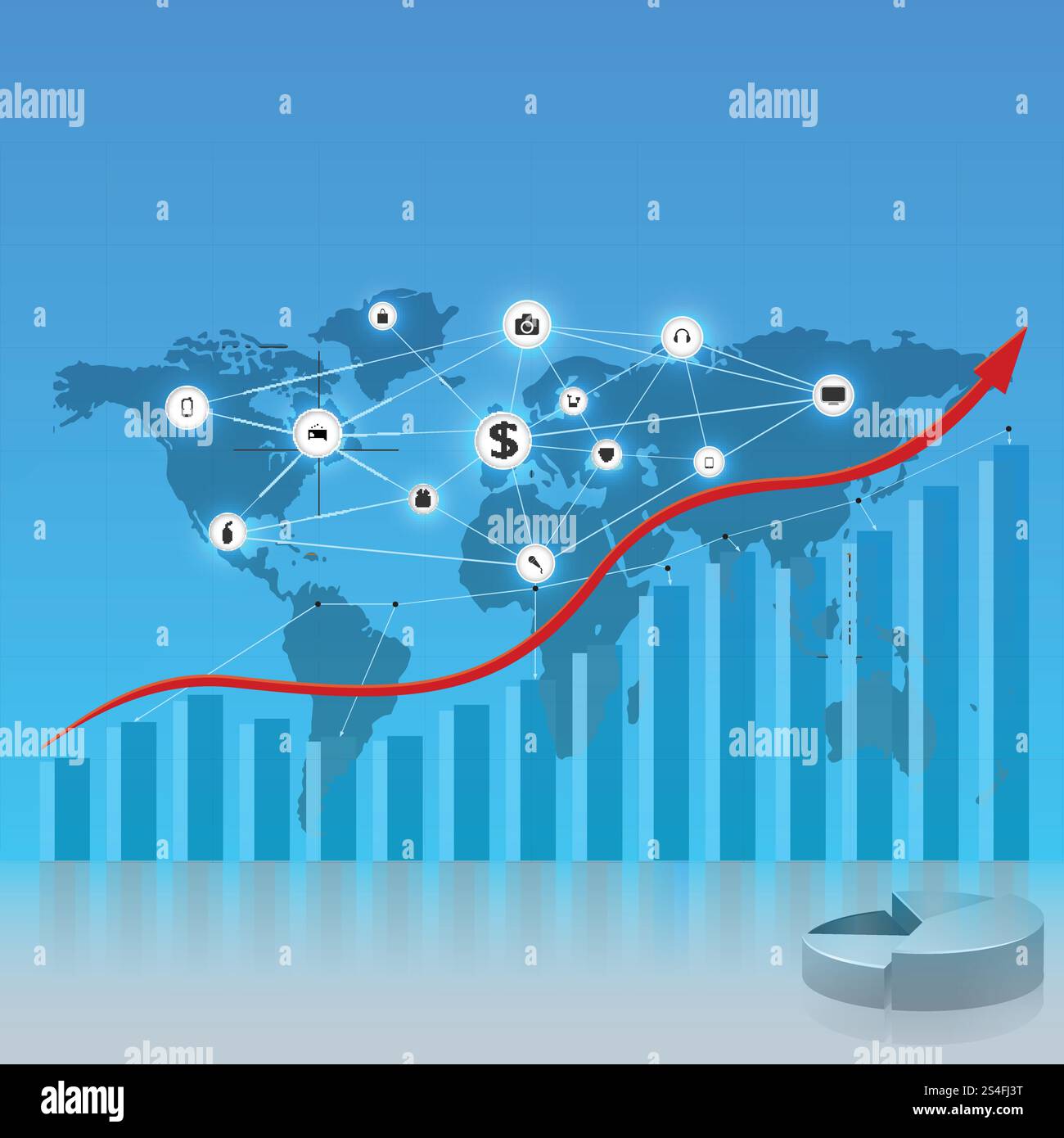 Business template with graph and red up arrow on world map background ...