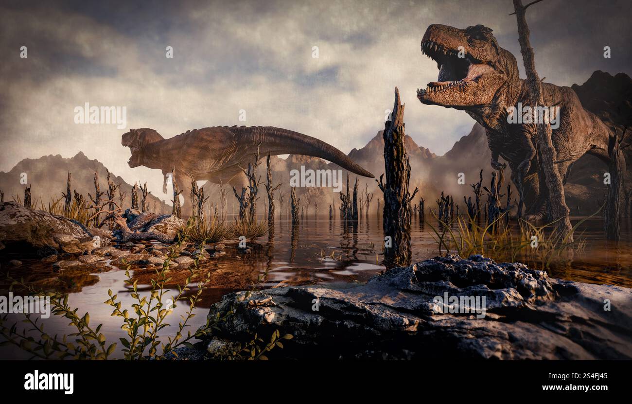 Jurrasic scene - Trex dinosaur in open landscape , 3D illustration ...