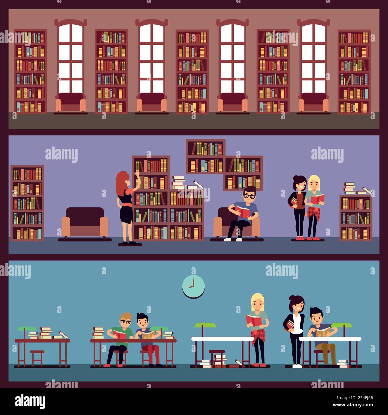 Public library banners concept with different students reading books ...