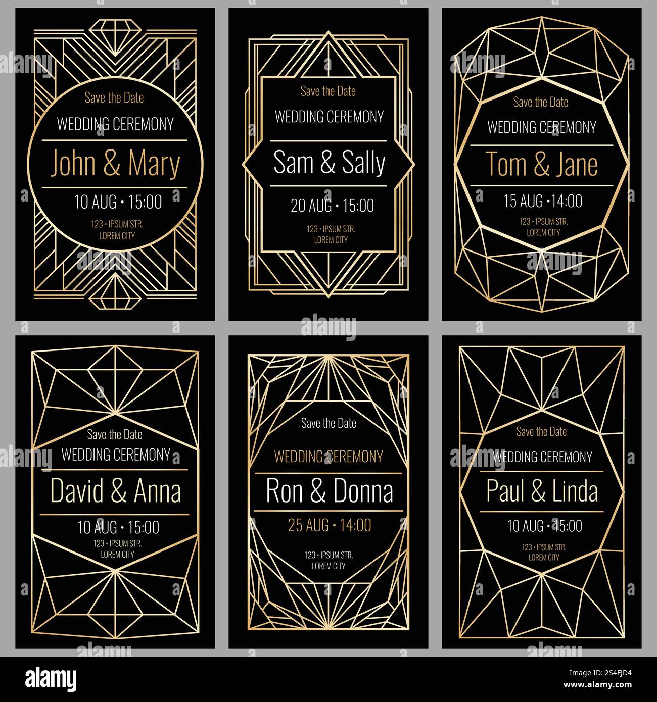 Modern abstract vector backgrounds in art deco style. Classy wedding invitations with geometric ...