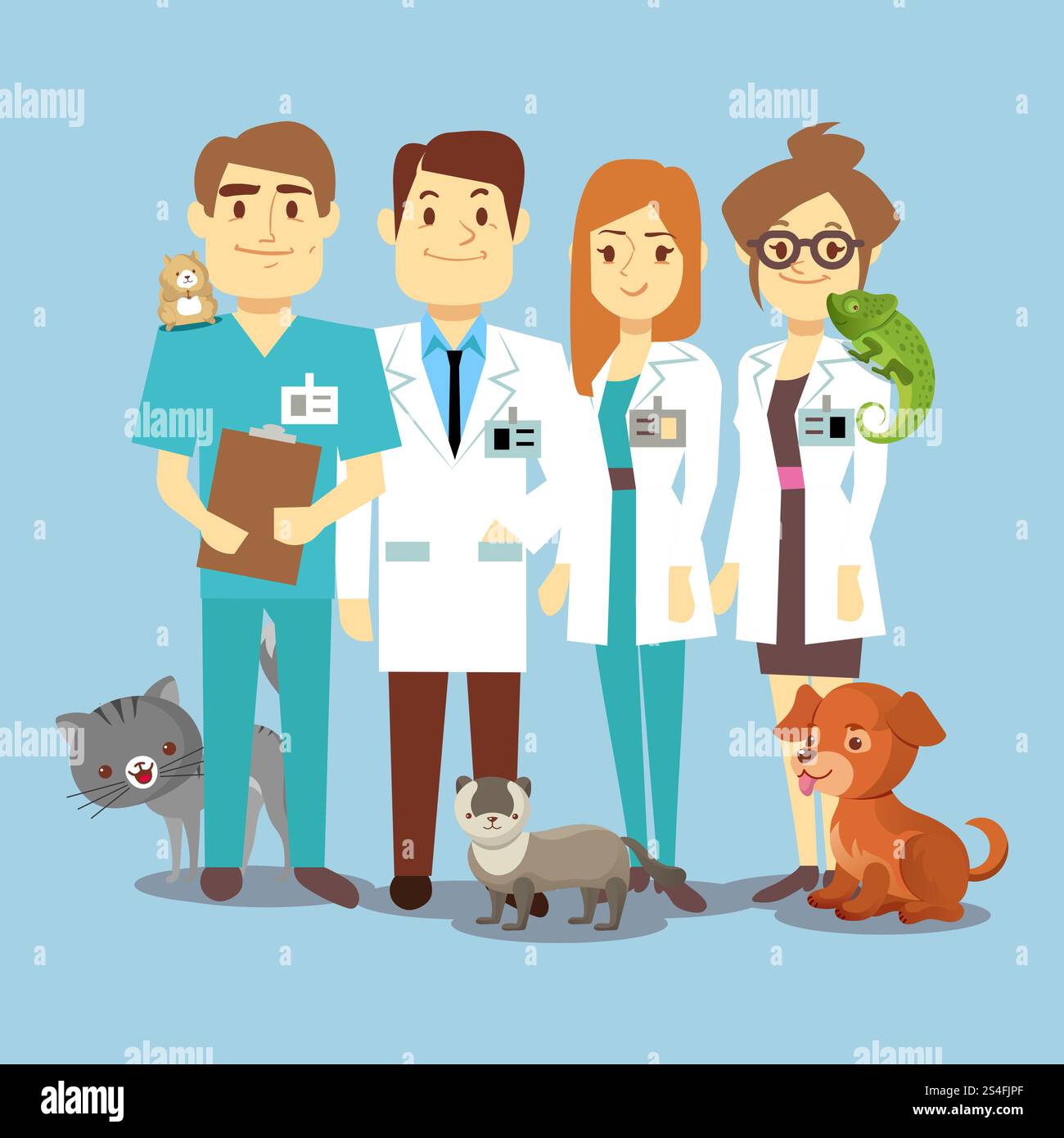 Flat veterinarians staff with cute animals. Veterinary and cartoon ...