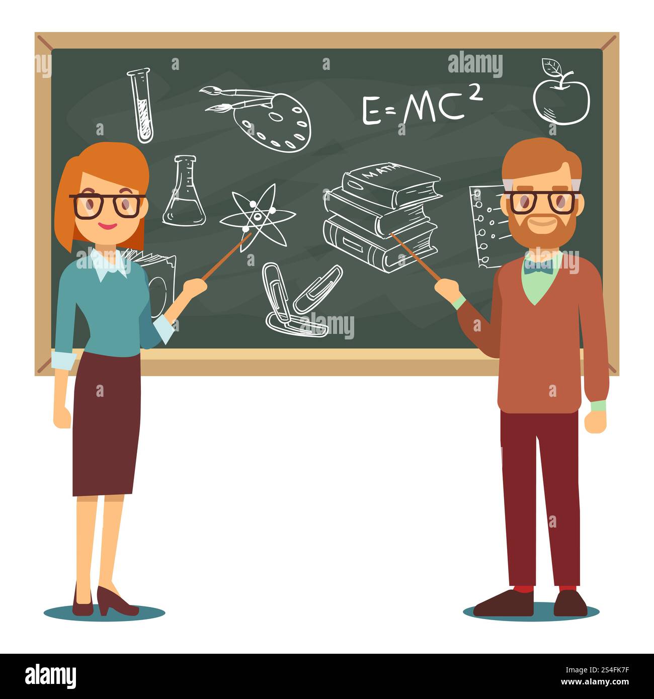 Male and female teachers standing in front of blank school blackboard ...