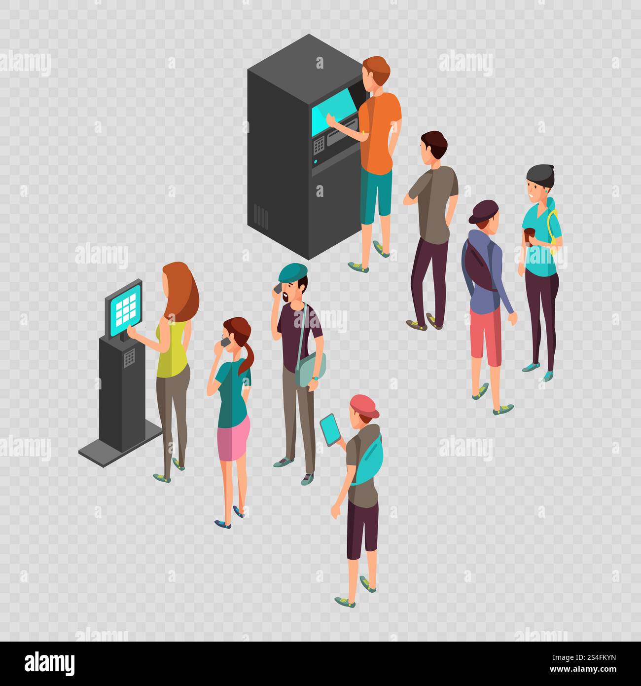 Row of waiting people at atm payment machine and terminal isolated on transparent background ...