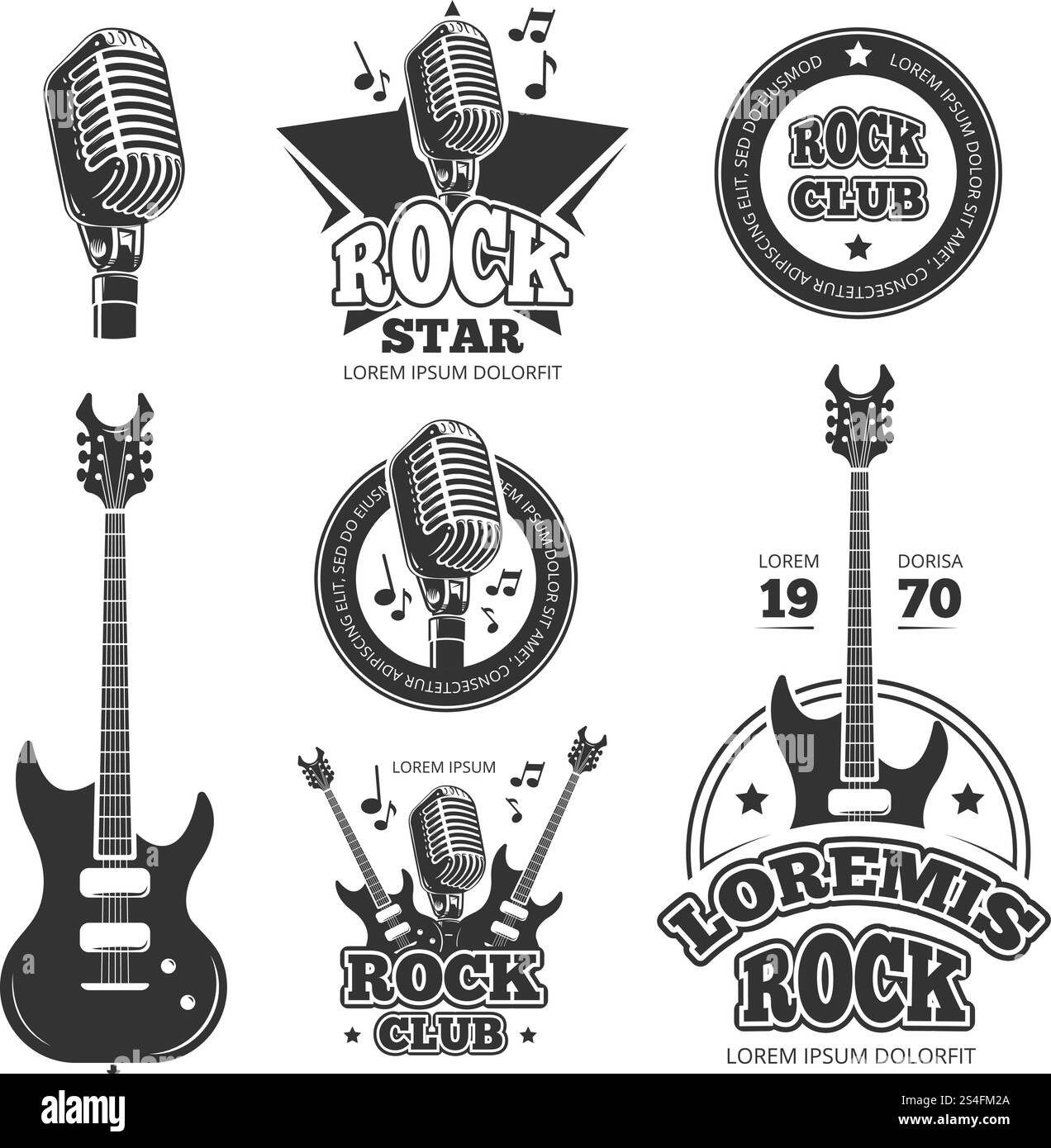 Vintage rock and roll music vector labels, emblems, badges, sticker ...