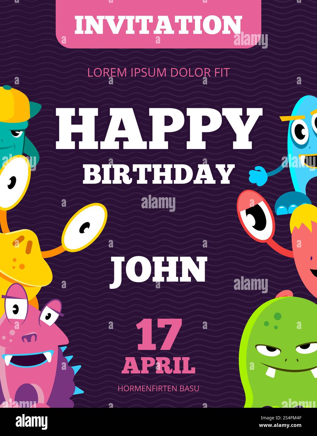 Children happy birthday invitation vector card with playful funny ...