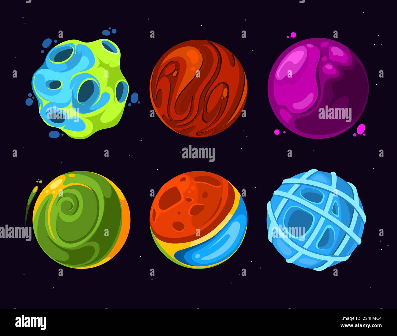Cartoon alien planets fantasy on dark blue scifi starry gravitation ...