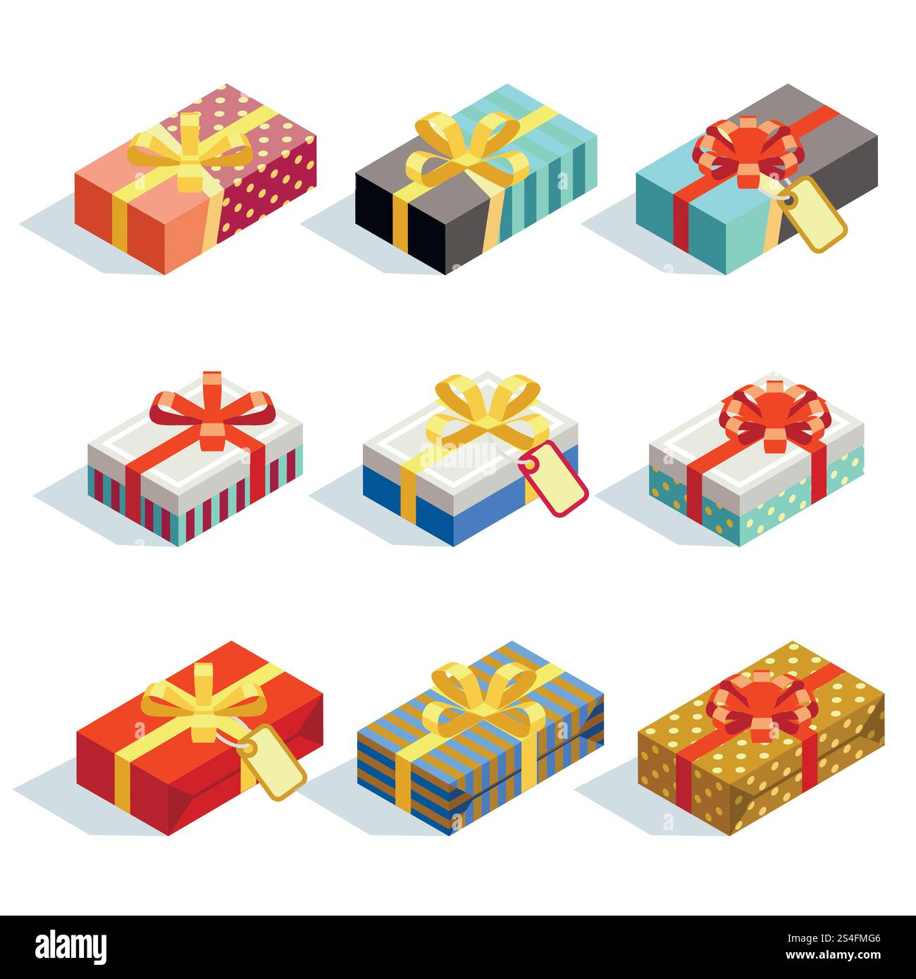 Set of colored 3D giftboxes with ribbons isolated. Celebration giftbox present. Vector ...