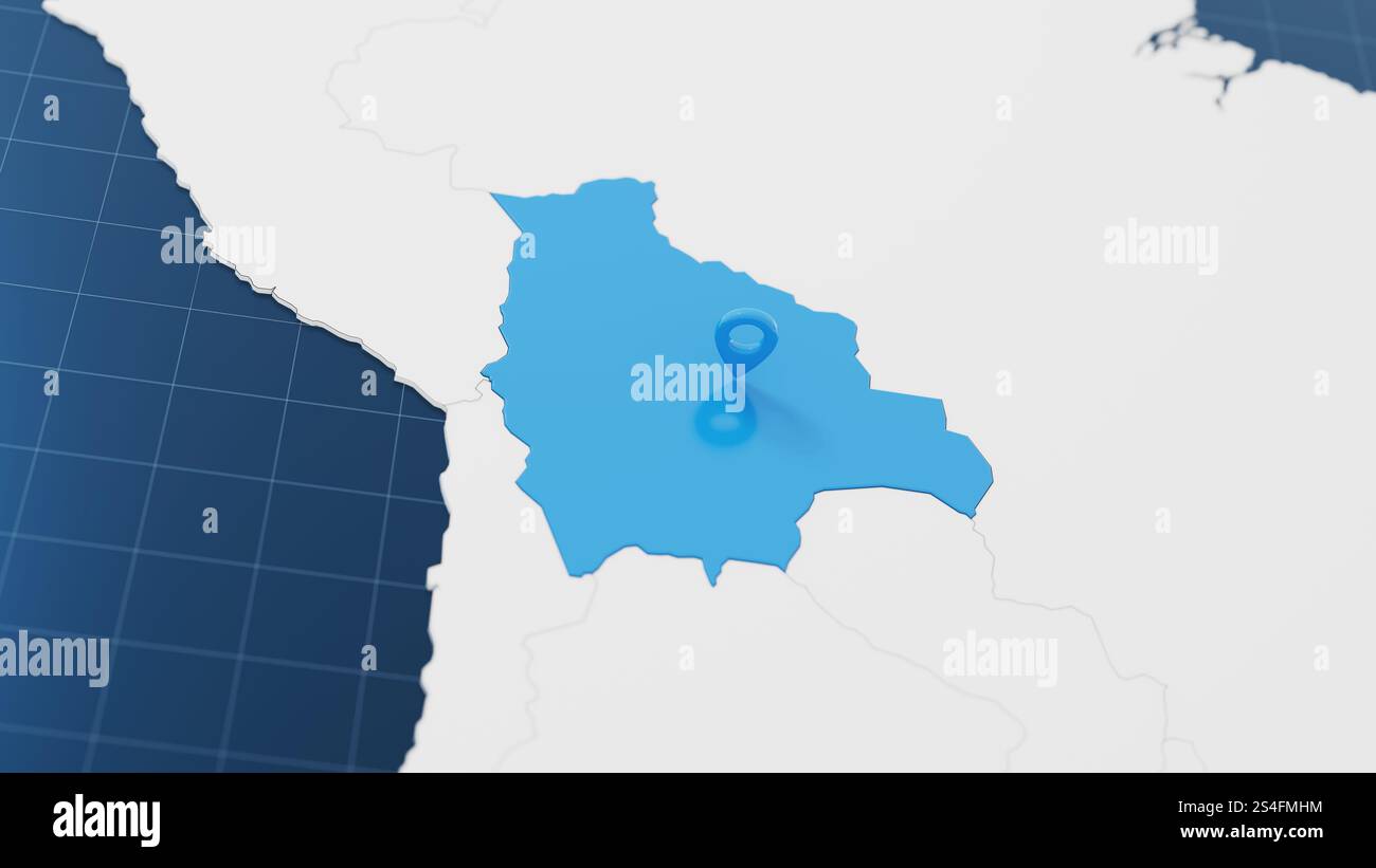 Blue Bolivia 3d map with pointer pin surrounded with other countries in ...