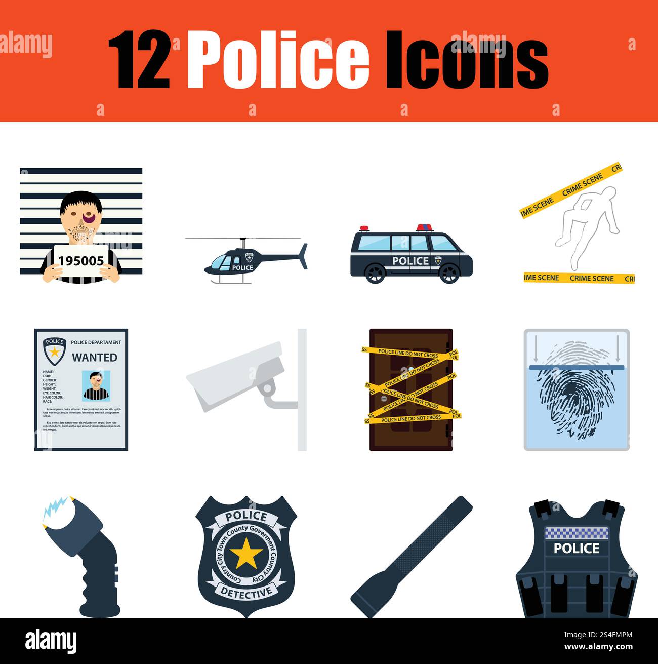 Set of police icons. Full color design. Vector illustration Stock ...