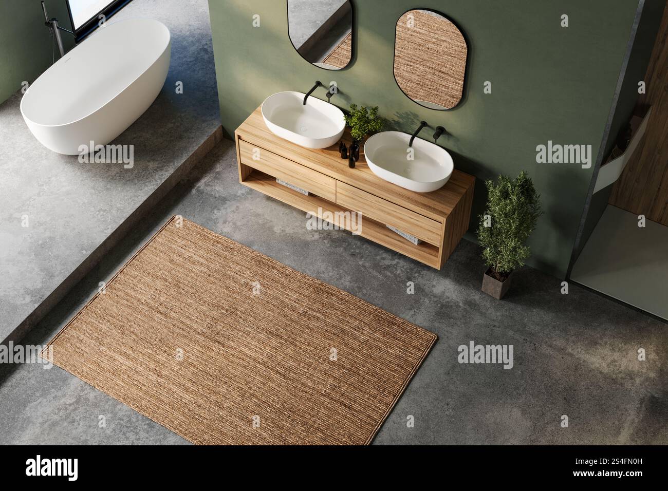 Contemporary bathroom with green walls, a floating wooden vanity, dual ...