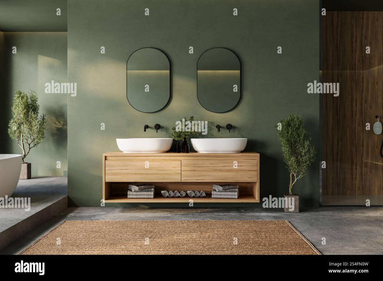 Open-plan bathroom with green walls, a freestanding bathtub, and a ...