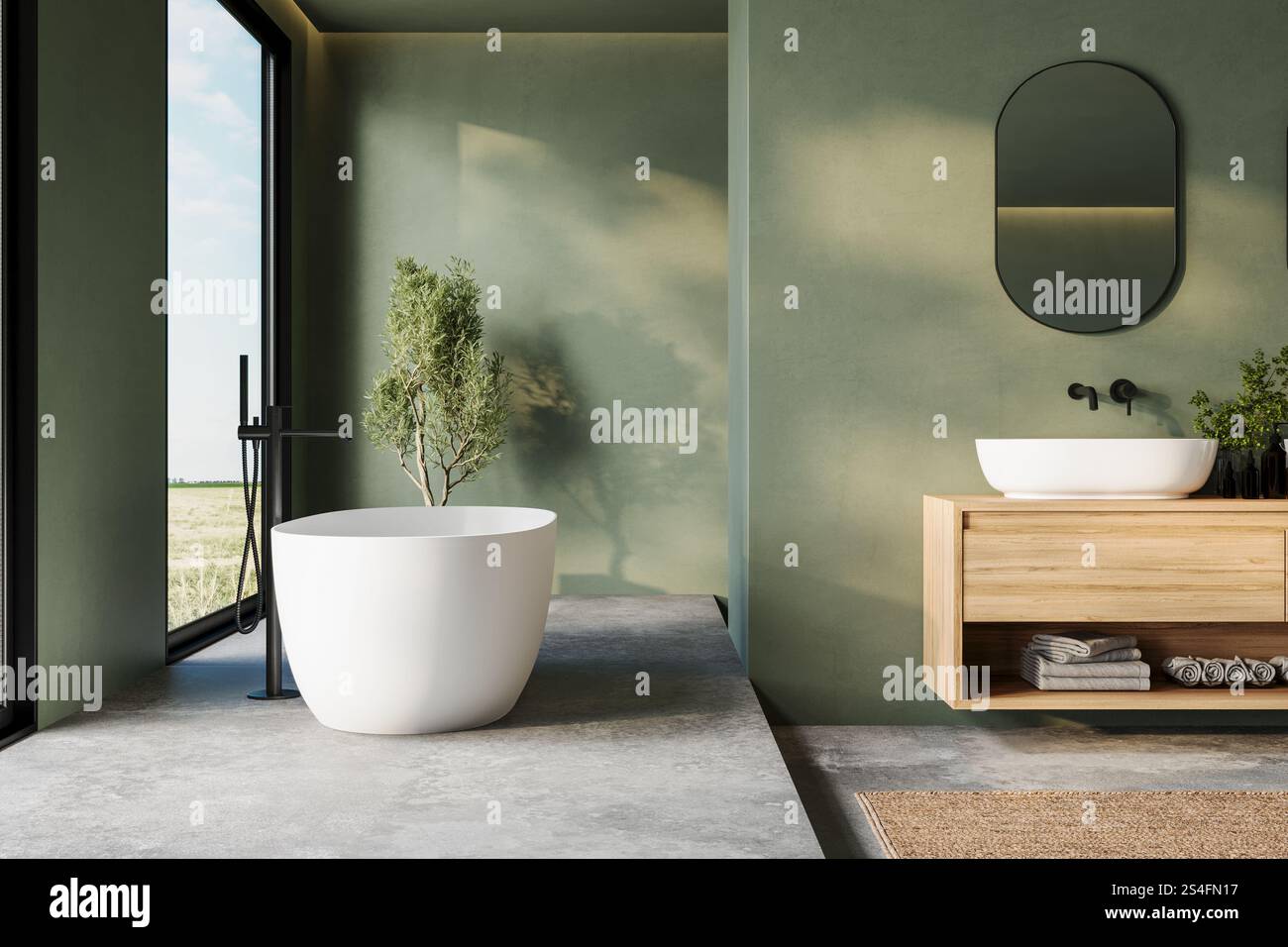 Minimalist bathroom design with Scandinavian-inspired green walls, a ...