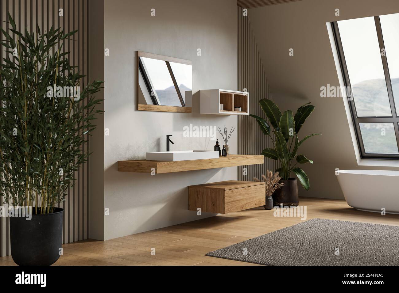 Modern loft bathroom interior with vanity, white bathtub, interior ...