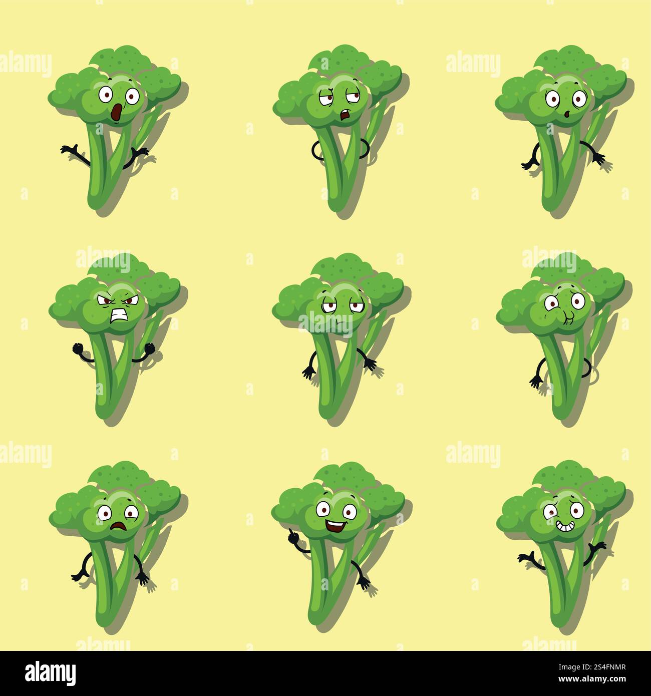Broccoli different emotions. Vector cartoon style character set. Broccoli cartoon character ...