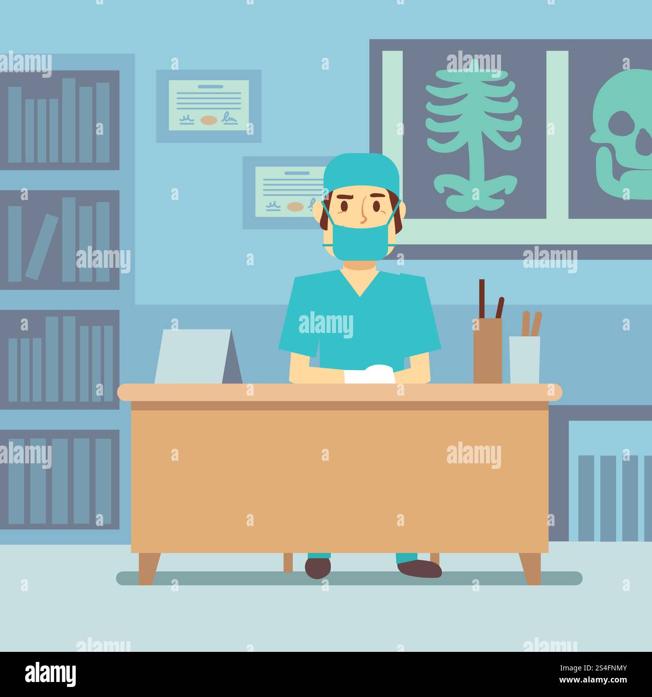 Surgeon doctor sitting at the table in medical vector healthcare ...