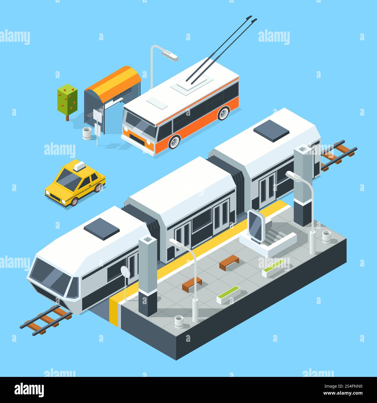 Isometric public transport stations. Bus and train. City road and rails ...