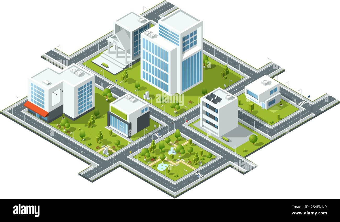 Isometric vector illustration of public constructions. Buildings and ...
