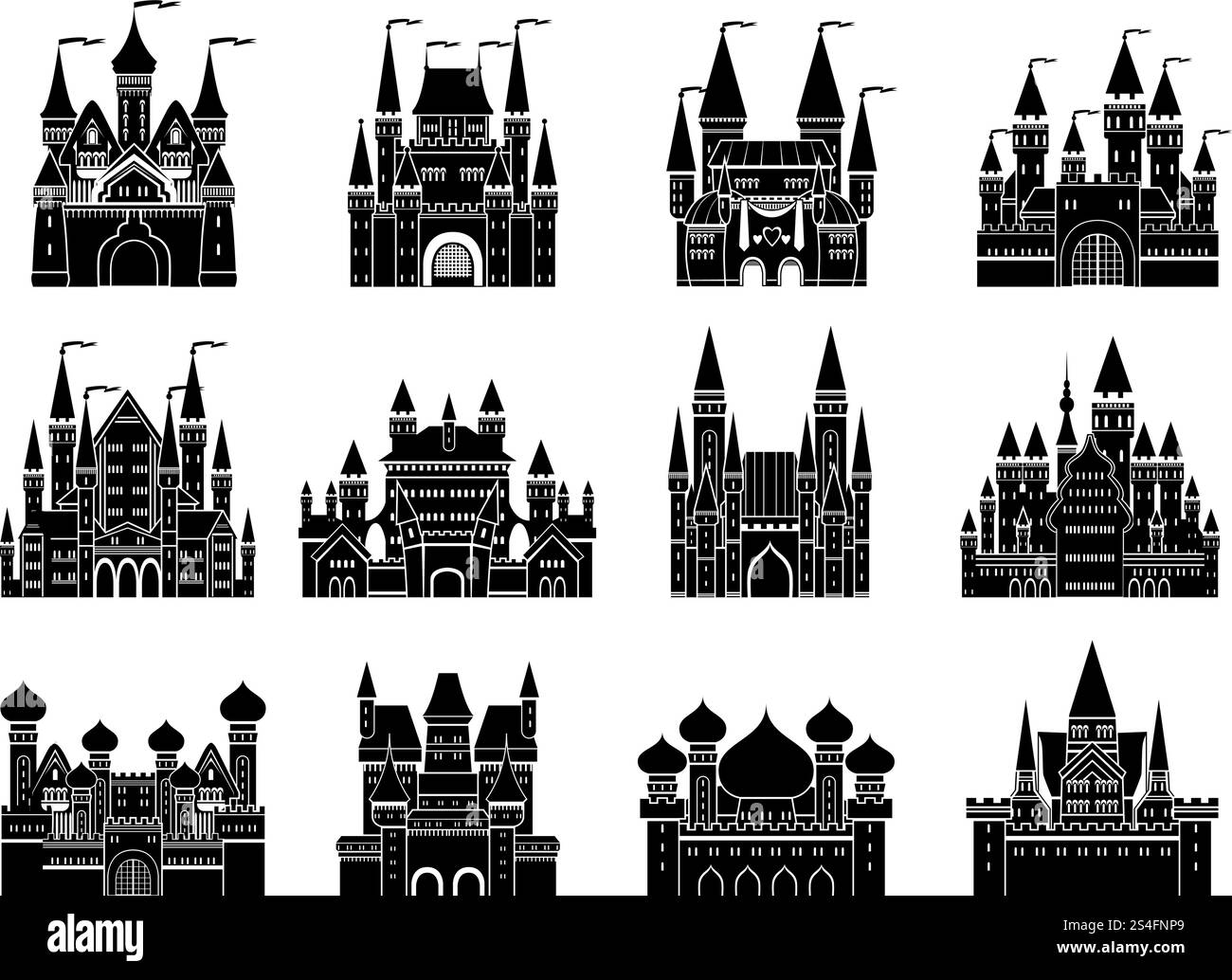 Monochrome vector illustrations set with different medieval old castles ...