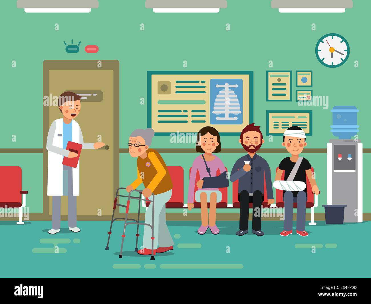 Patients and disabled peoples waiting doctor in clinical room. Vector ...