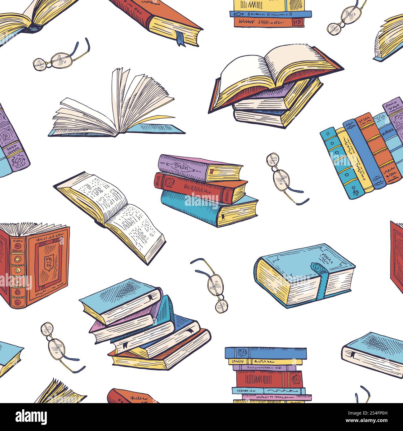 Different books from library. Doodle vector illustrations. Seamless ...
