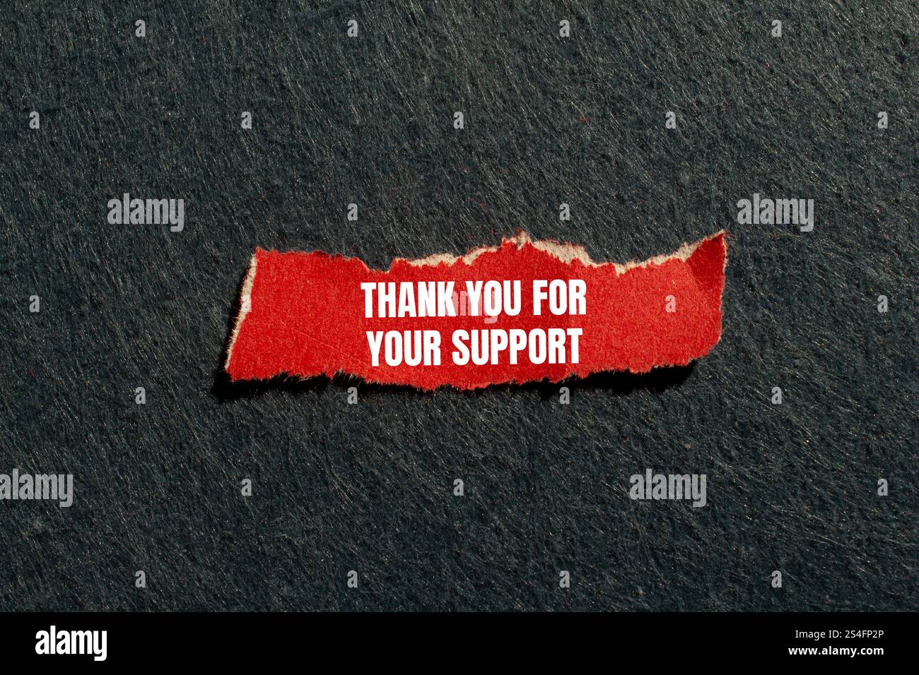 Thank you for your support message written on ripped torn red paper ...