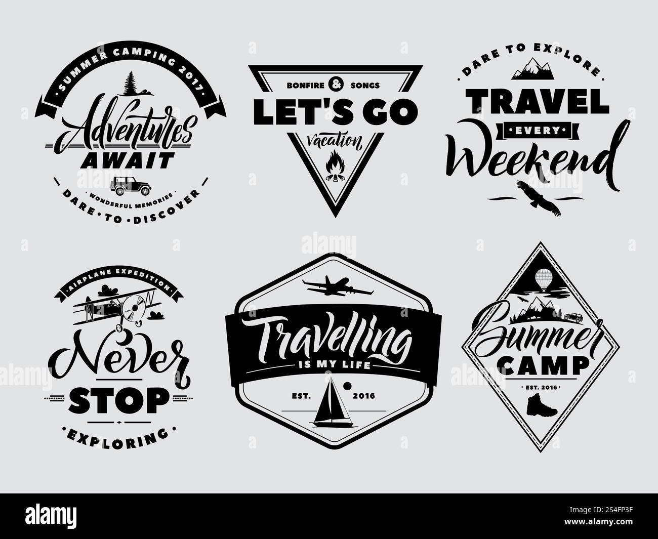 Labels set of adventure and nature explore. Outdoors camp and wildlife ...
