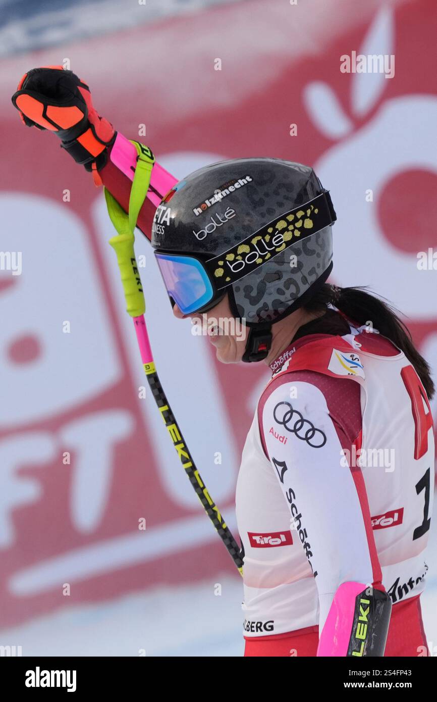 Austria's Stephanie Venier reacts after completing an alpine ski, women ...