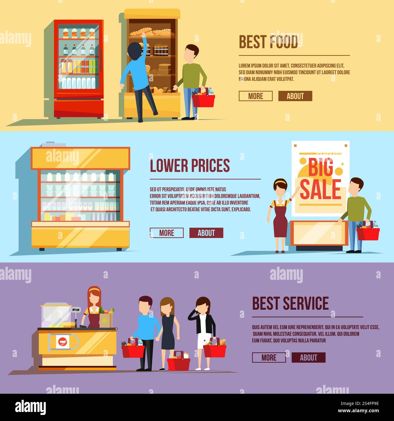 Three horizontal banners with shopping people. Flat vector illustration ...