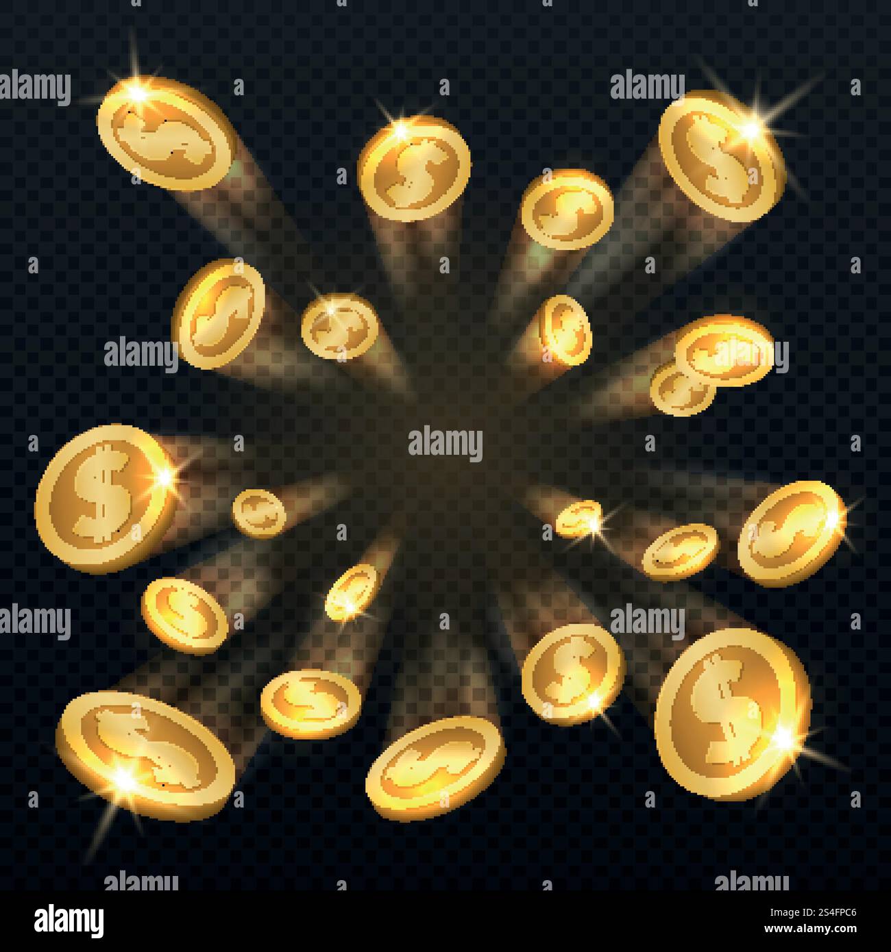 Golden dollar coins explosion isolated. Vector illustration for finance ...