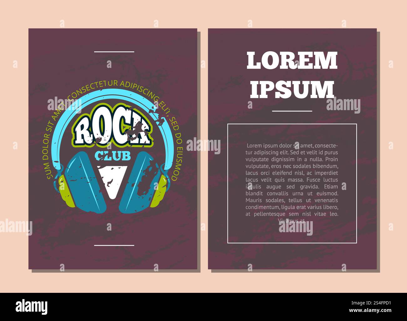 Vector card flyer template with shabby retro rock music club, shop logo ...