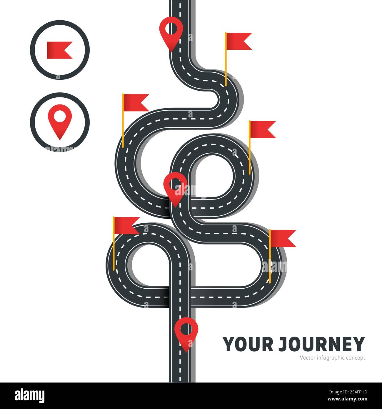 Vector winding road with pins and flags isolated on white background ...