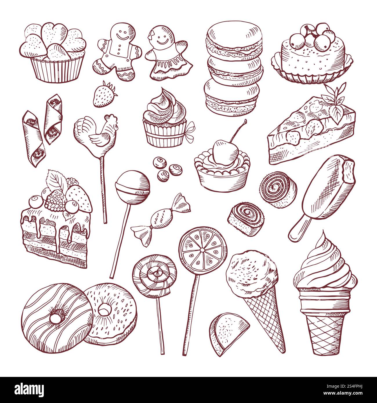 Vector doodle pictures of different desserts sweets and cakes. Sweet ...