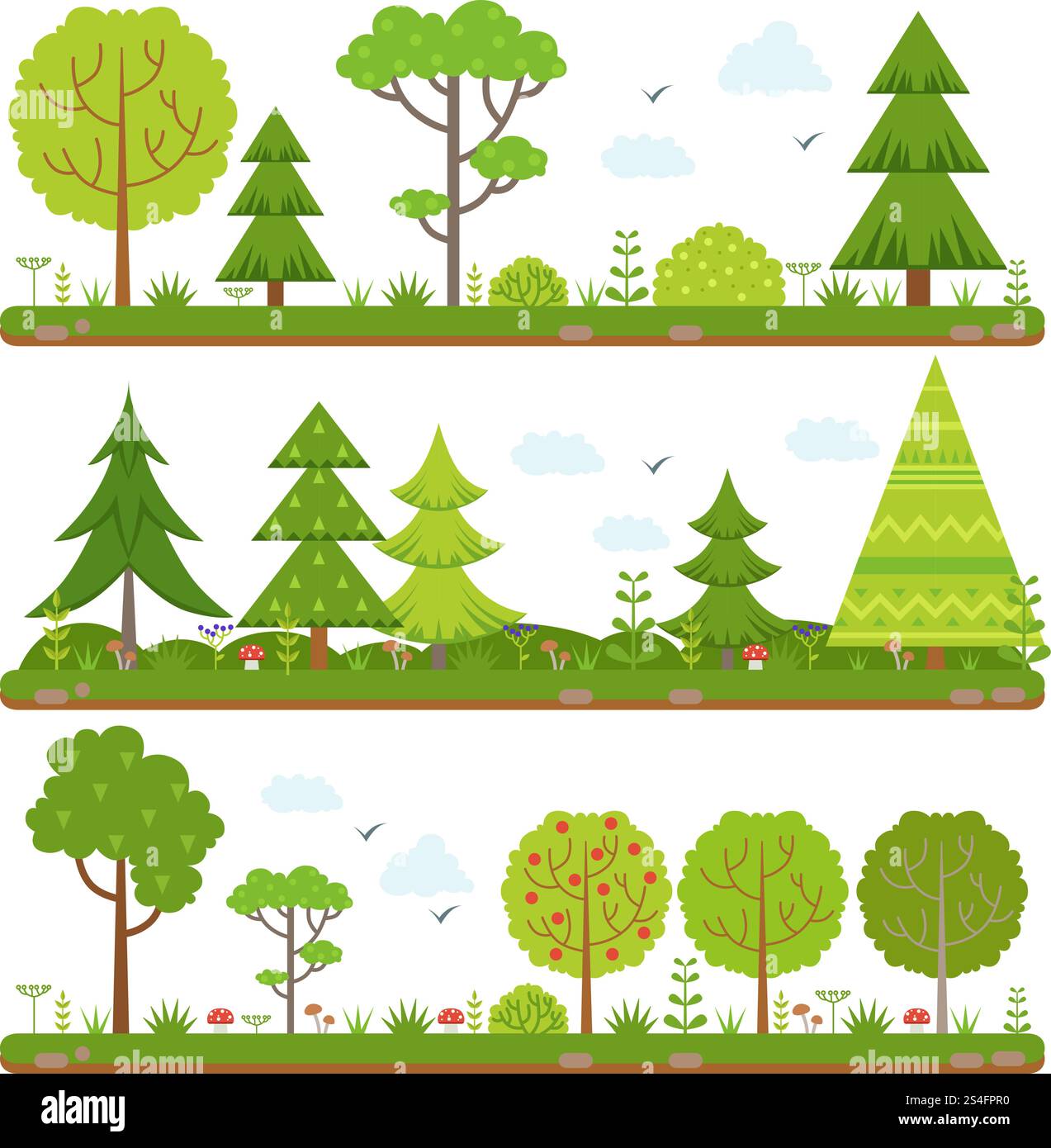 Vector landscape set with forest trees and other floral elements ...