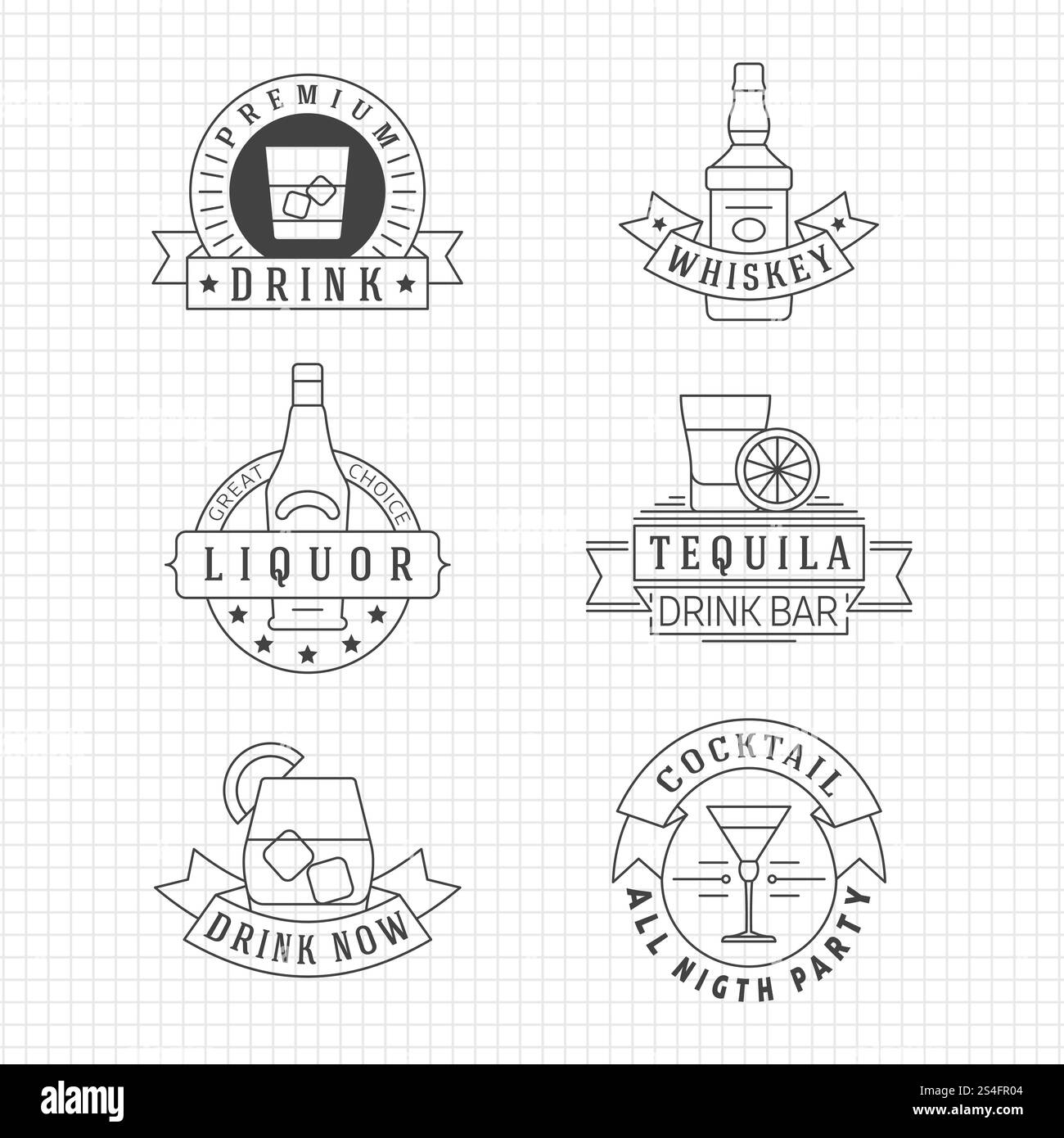 Alcohol drinks thin line emblems on notebook page. Alcohol label and ...