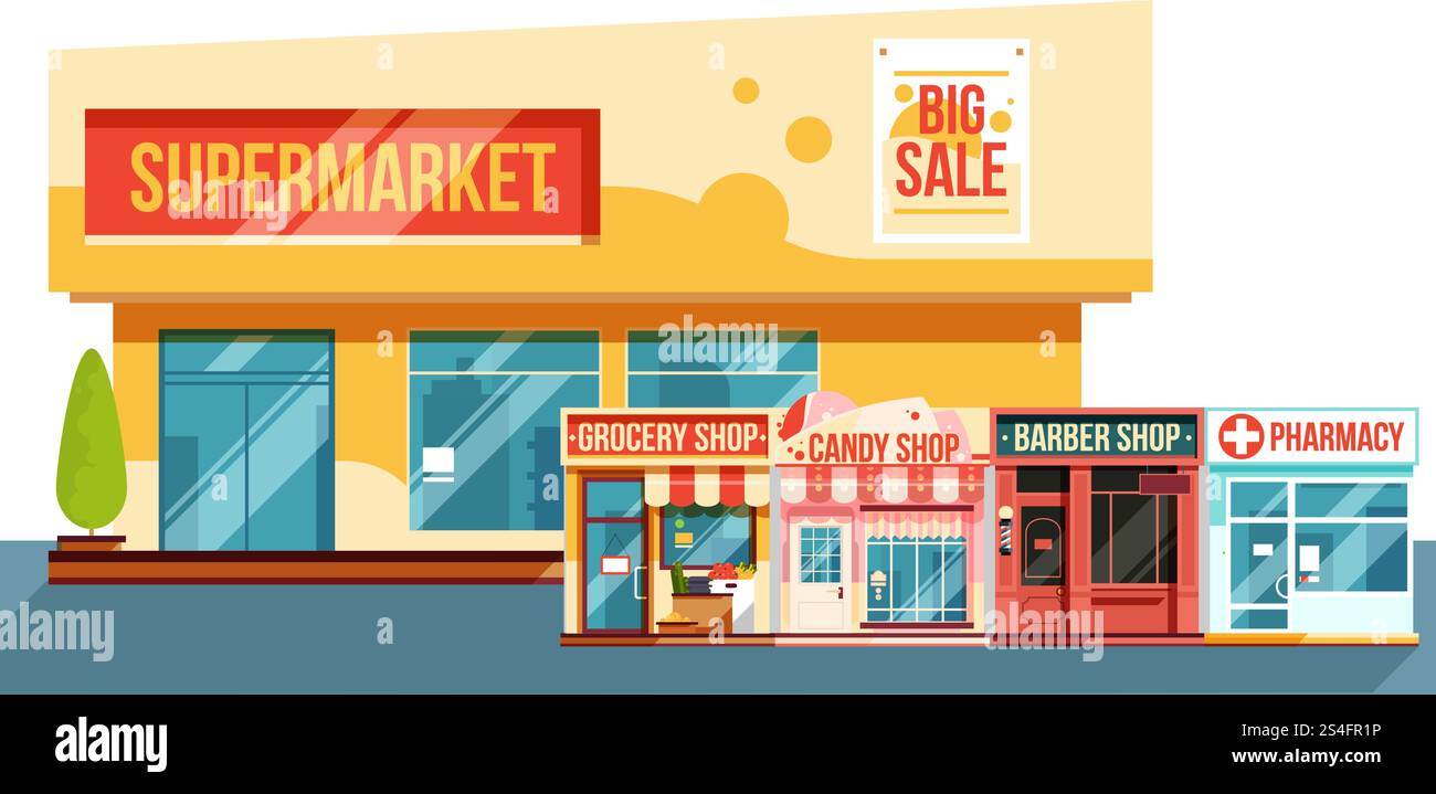 Supermarket and small magazines cityscape, flat style. Modern view ...