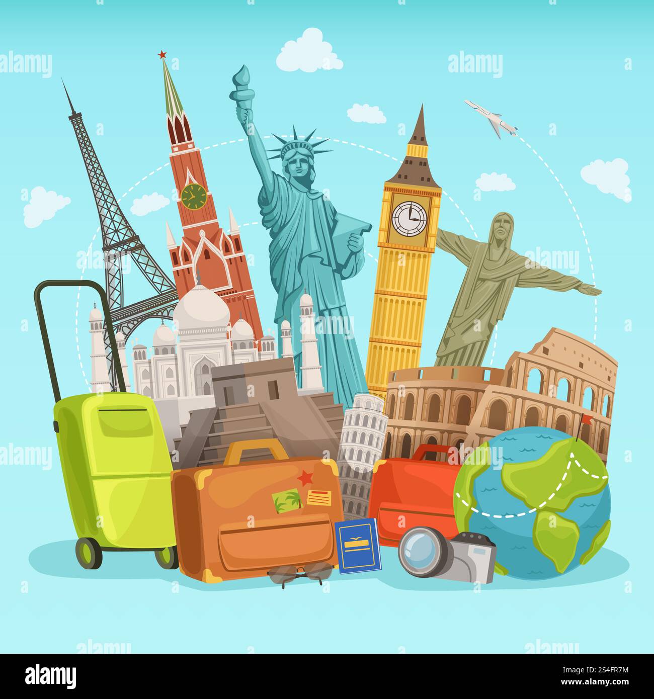 Travel poster design with different world landmarks. Vector ...