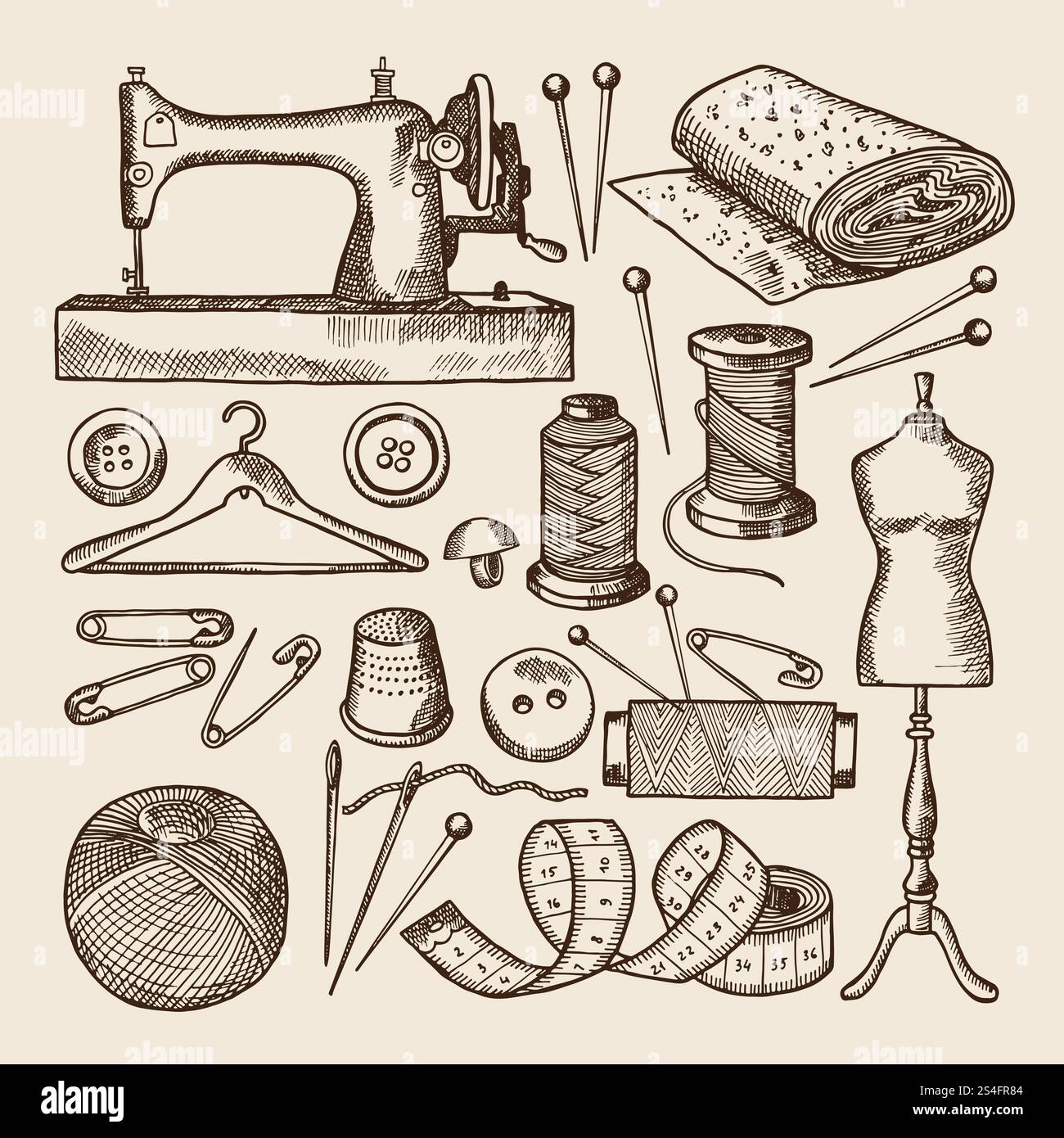 Vintage sewing symbols set. Vector pictures in hand drawn style ...