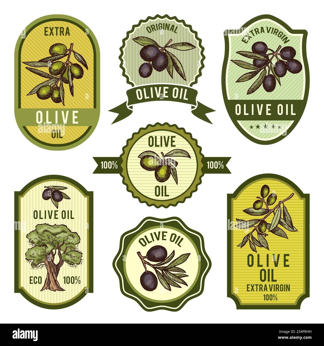 Colored labels for package design. Pictures of olive oil label and ...