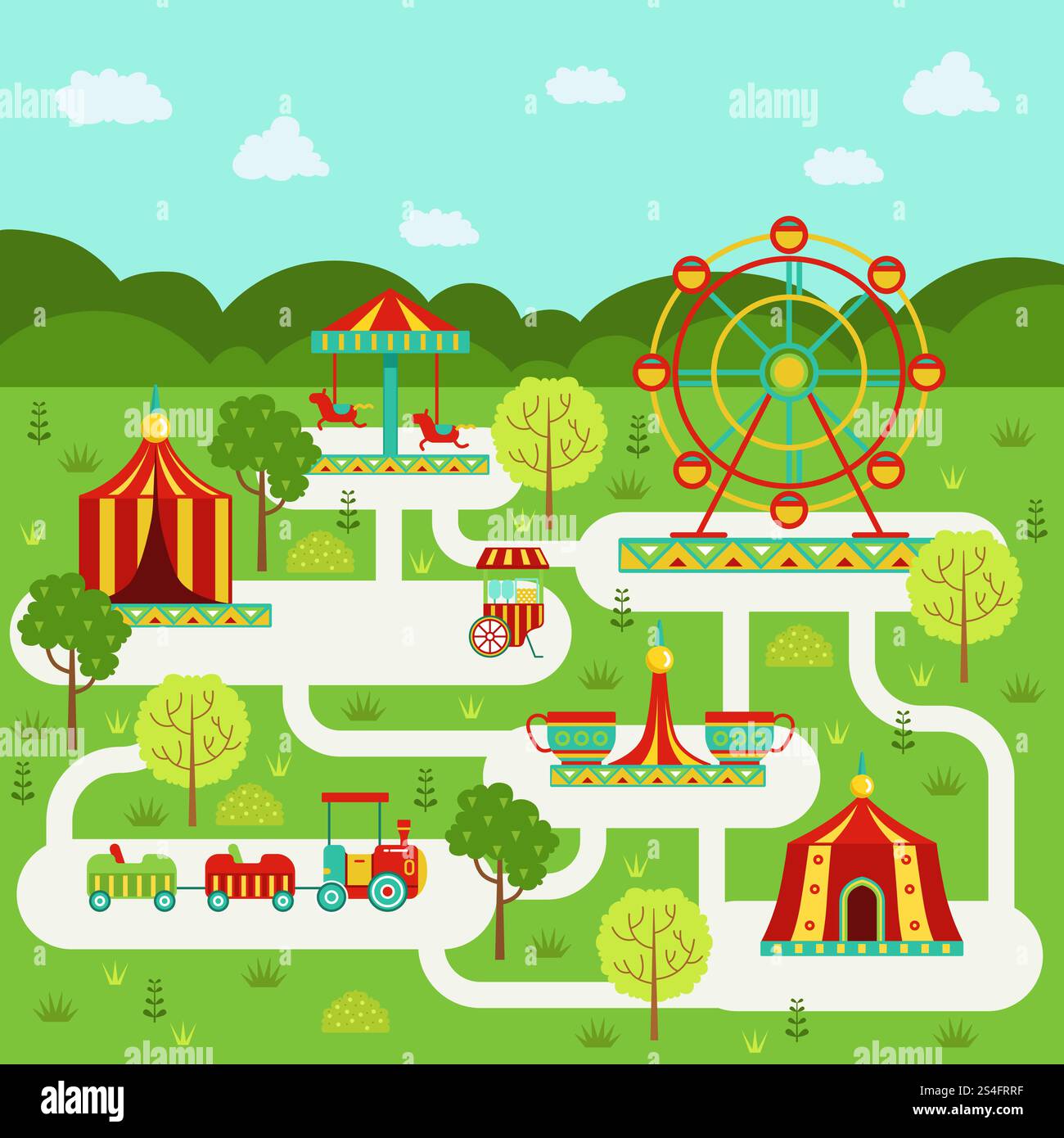 Vector map of amusement park with attractions. Family on vacation. Amusement park and recreation ...