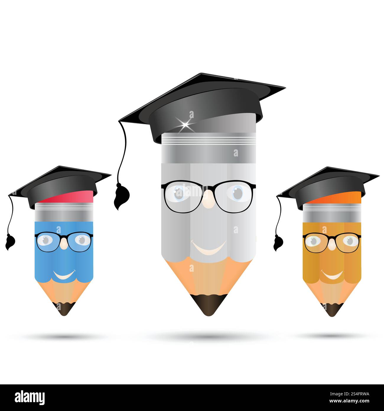 Set of pencils in glasses with graduation cap on white background ...
