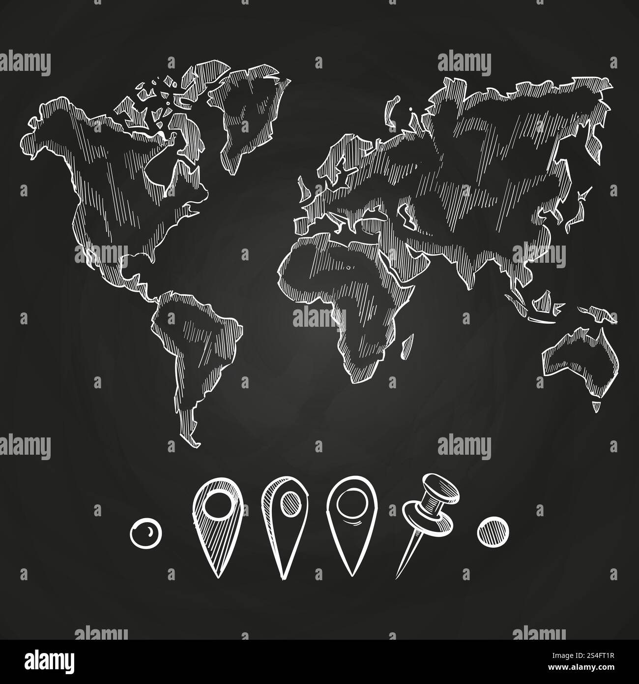 Chalkboard with doodle world map and pins. Travel atlas blackboard ...