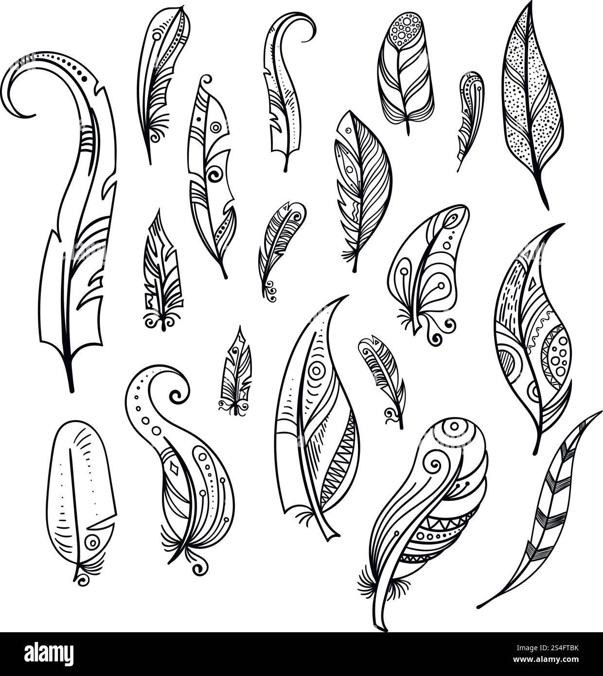 Bird feathers. Hand drawing indian elements set isolate on white. Boho ...