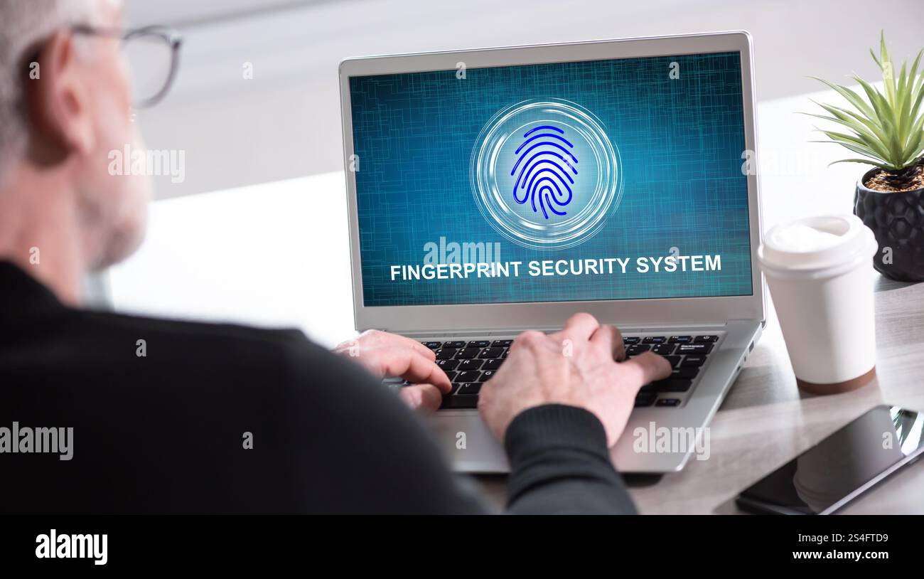 Laptop screen displaying a fingerprint security system concept Stock ...