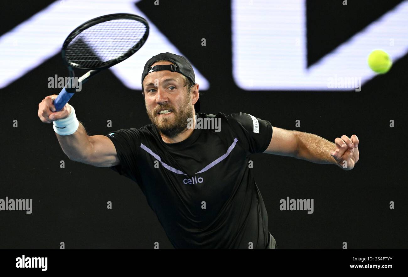 Melbourne, Australia. 12th Jan, 2025. Lucas Pouille of France returns during his round 1 match ...